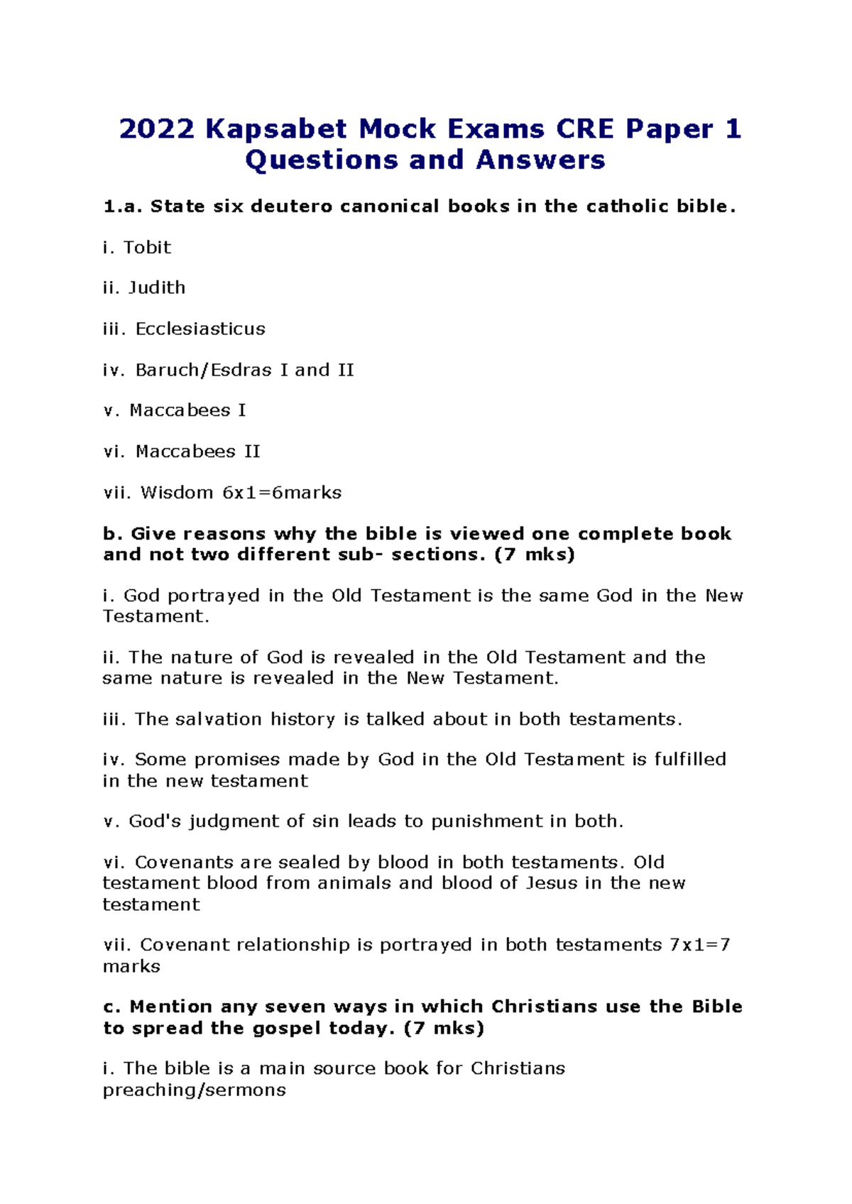 2022 Kapsabet Mock Exams CRE Paper 1 Questions and Answers - i. Tobit ...