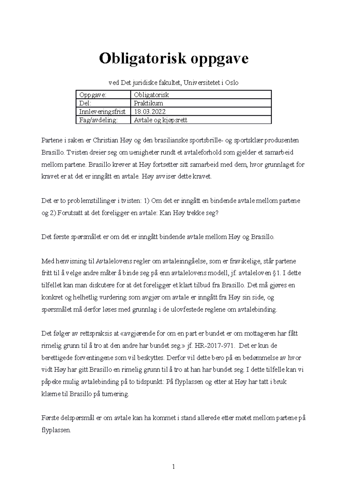 Obligatorisk oppgave JUS 1111 - Avtalerett - Obligatorisk oppgave ved Det juridiske fakultet ...