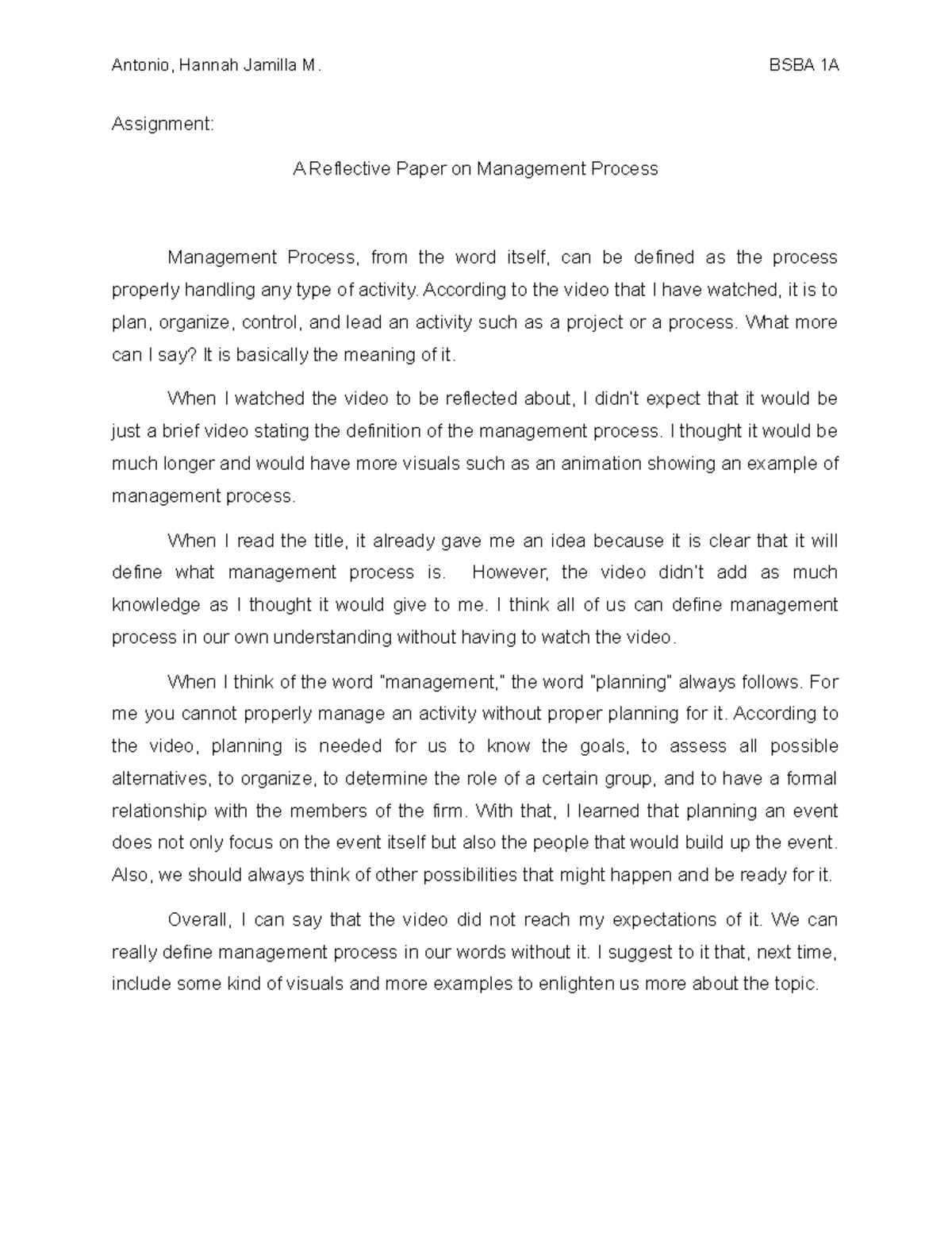 Reflective Paper on Management Process - Antonio, Hannah Jamilla M ...