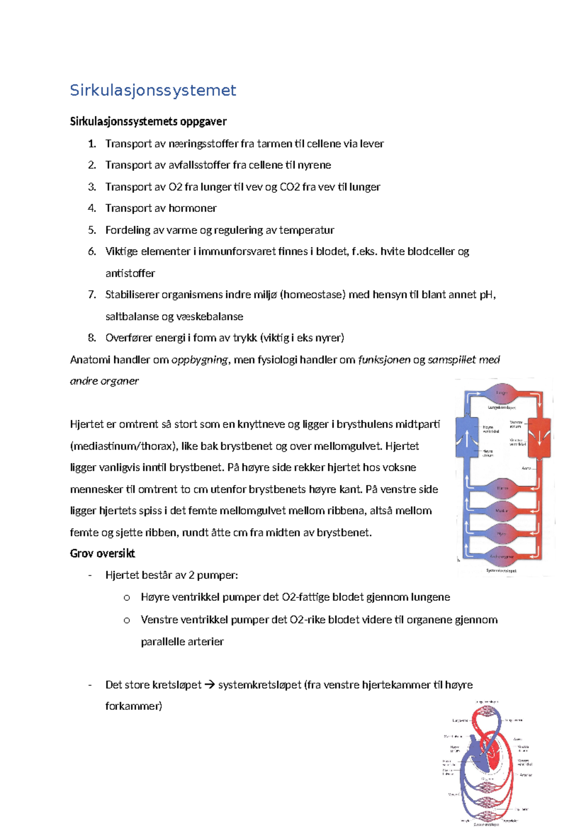 Sirkulasjonssystemet - Sirkulasjonssystemet Sirkulasjonssystemets oppgaver 1. Transport av - Studocu