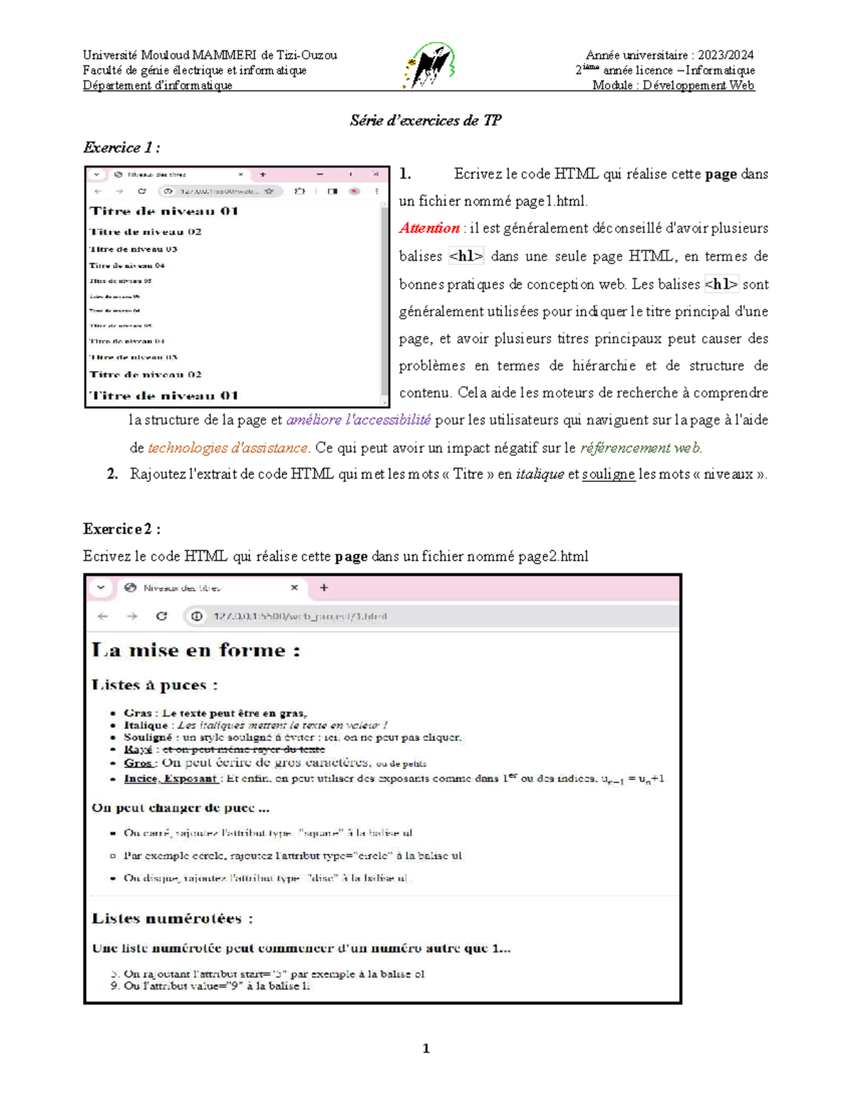 TP1 HTML Complet - 1 Université Mouloud MAMMERI de Tizi-Ouzou Année universitaire : 2023 ...