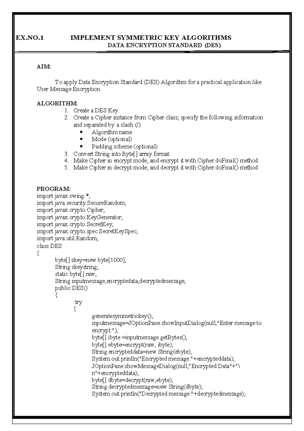 Network sec lab - Security lab - EX.NO IMPLEMENT SYMMETRIC KEY ALGORITHMS DATA ENCRYPTION ...
