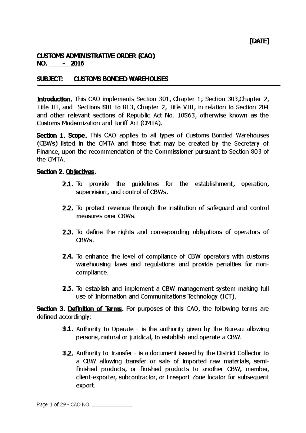 CMTA CAO Draft Final CBW 2016-12 - [DATE] CUSTOMS ADMINISTRATIVE ORDER ...