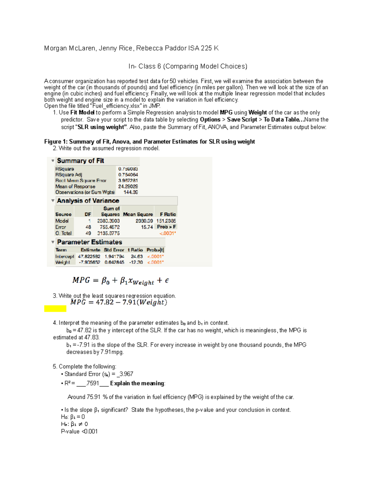 In Class 6 Linear Regression - Morgan McLaren, Jenny Rice, Rebecca ...