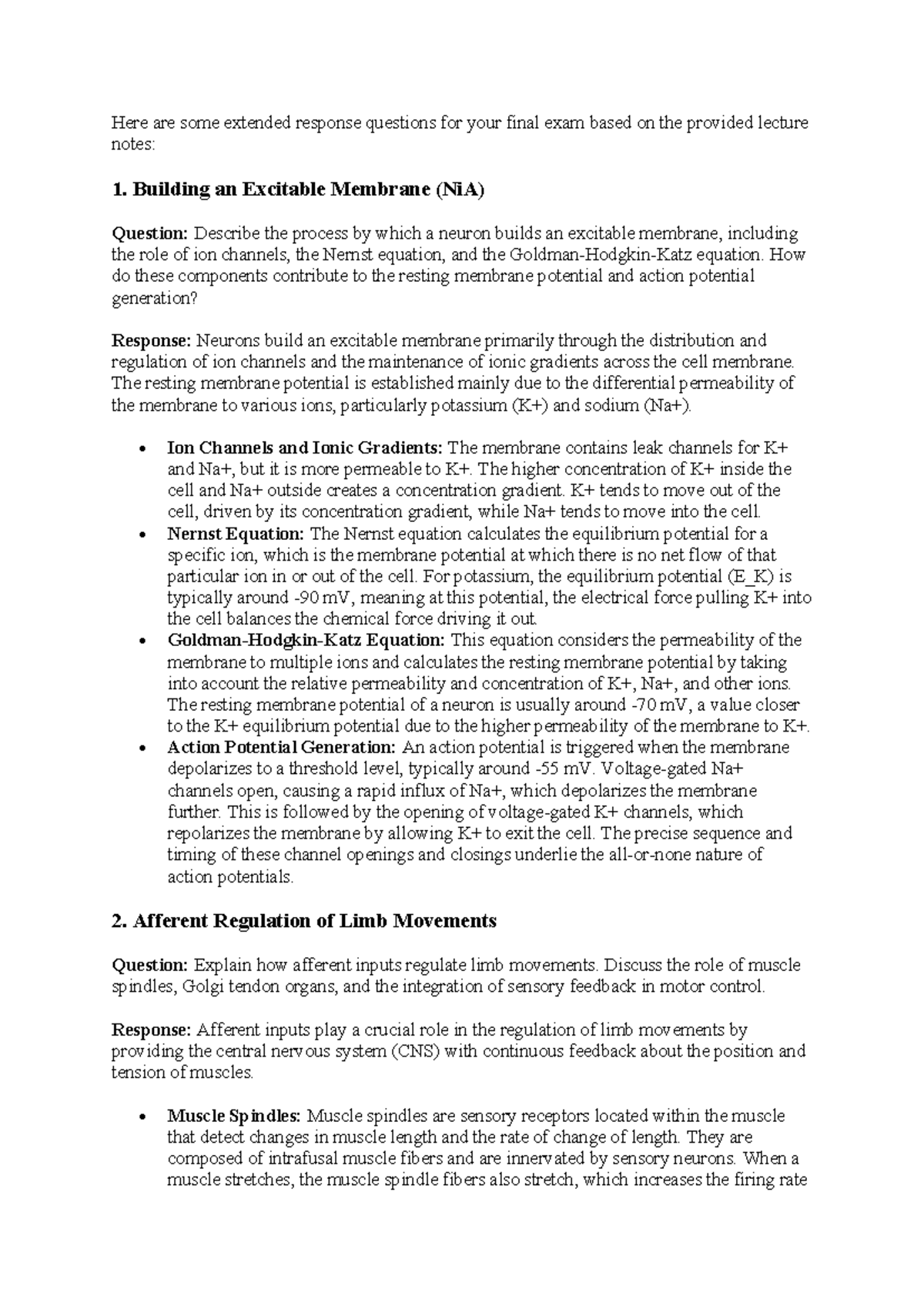 Extended response neur3006 - Here are some extended response questions ...