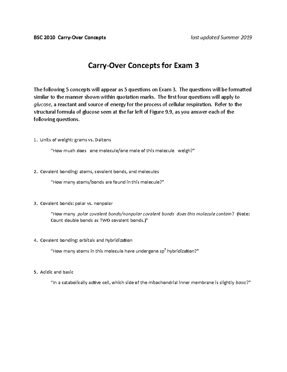 Carry Over Concepts For Exam 3 Summer 2019 Posting BSC 2010 Carry