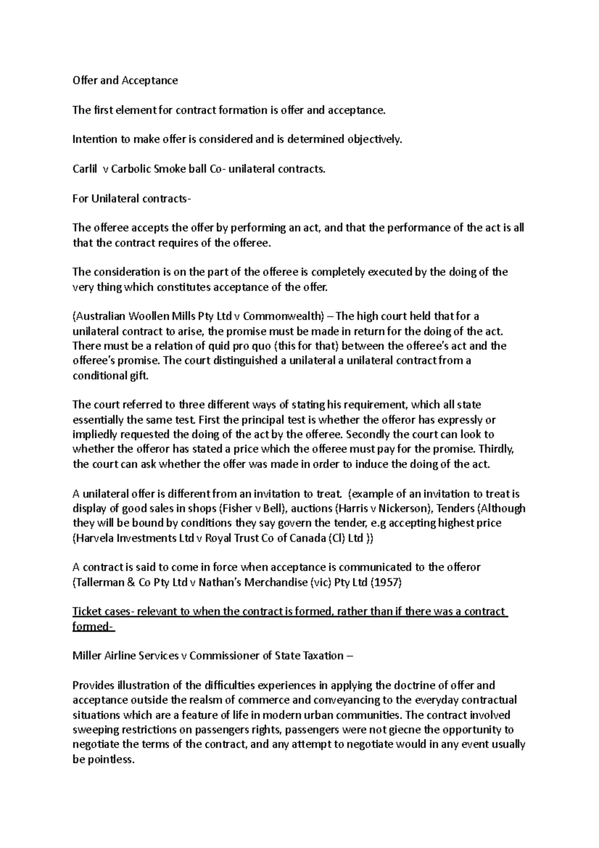 Offer and Acceptance- contracts notes - Offer and first element for ...