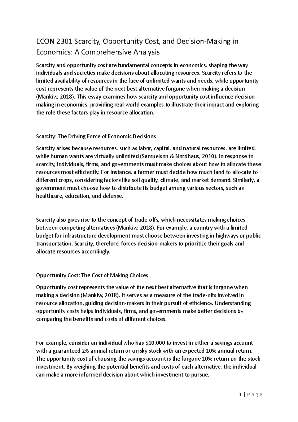 ECON 2301 Scarcity, Opportunity Cost, and Decision-Making in Economics ...