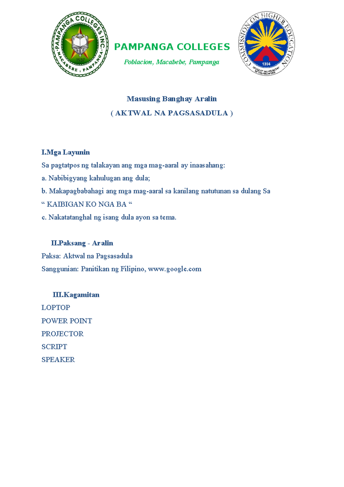 Masusing Banghay Aralin Aktwal NA Pagsasadula DEMO - PAMPANGA COLLEGES ...