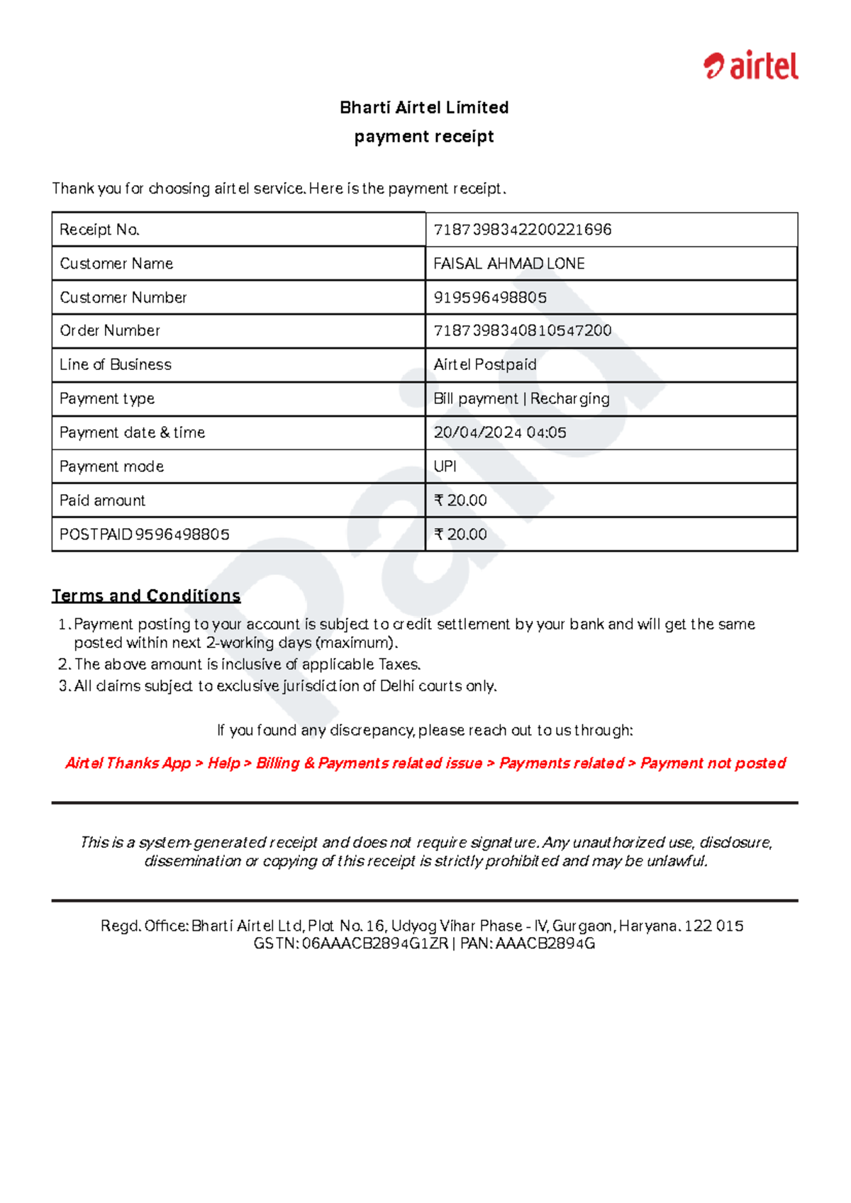 Airtel Receipt - Material - Bharti Airtel Limited payment receipt Thank ...