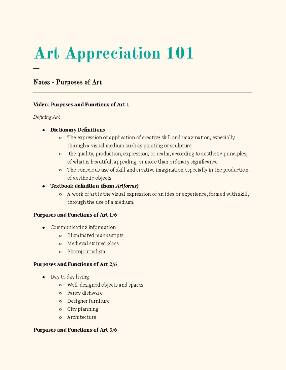 Art Appreciation Unit 1 lecture video - Art Appreciation 101 ___ Notes ...