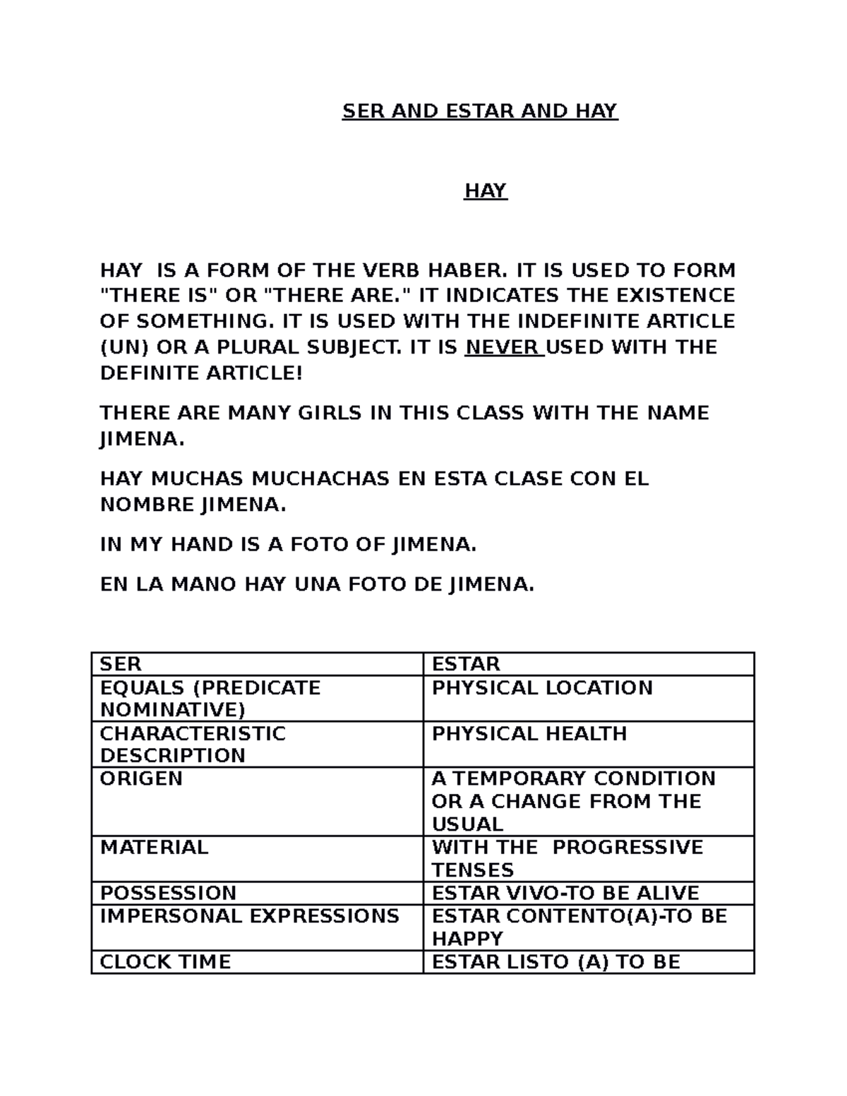 SER AND Estar AND HAY - SER AND ESTAR AND HAY HAY HAY IS A FORM OF THE ...