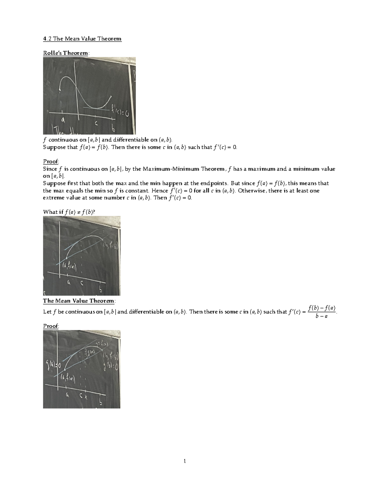 Math140 4.2 The Mean Value Theorem - 4 The Mean Value Theorem Rolle’s Theorem: f continuous on ...