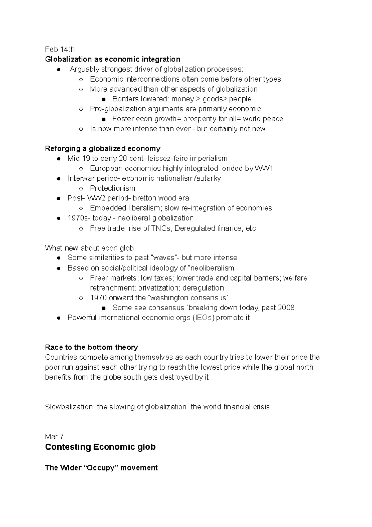 Glob 3 - notes 3 - Feb 14th Globalization as economic integration ...