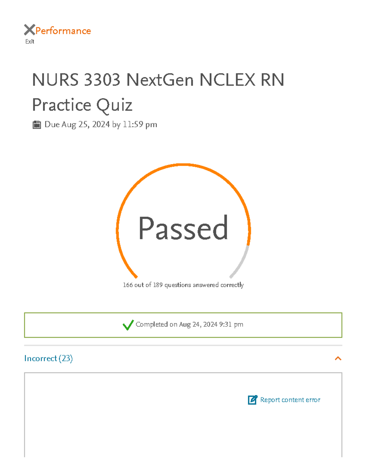 NURS 3303 Next Gen Nclex RN Practice Quiz - ####### Exit Performance ...