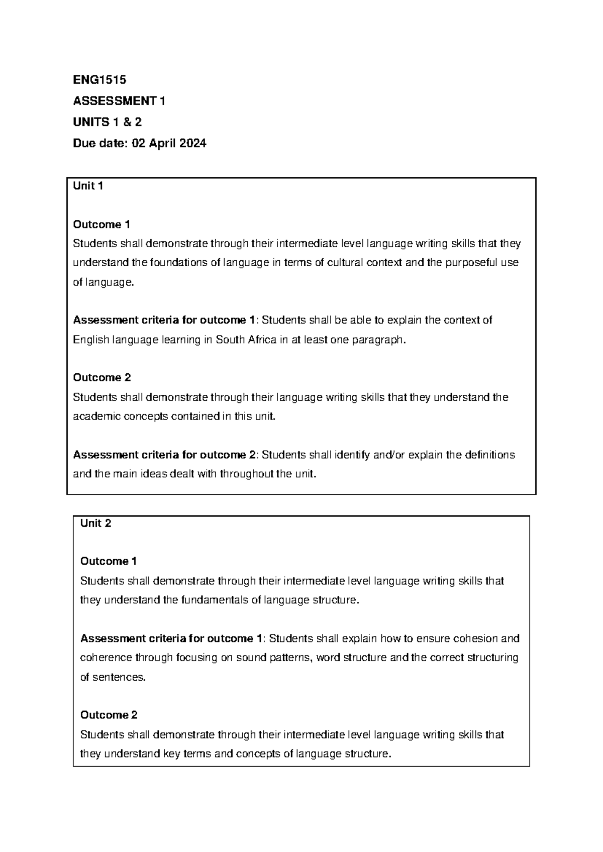 ENG1515 Assignment 01 Questions - ENG ASSESSMENT 1 UNITS 1 & 2 Due date ...