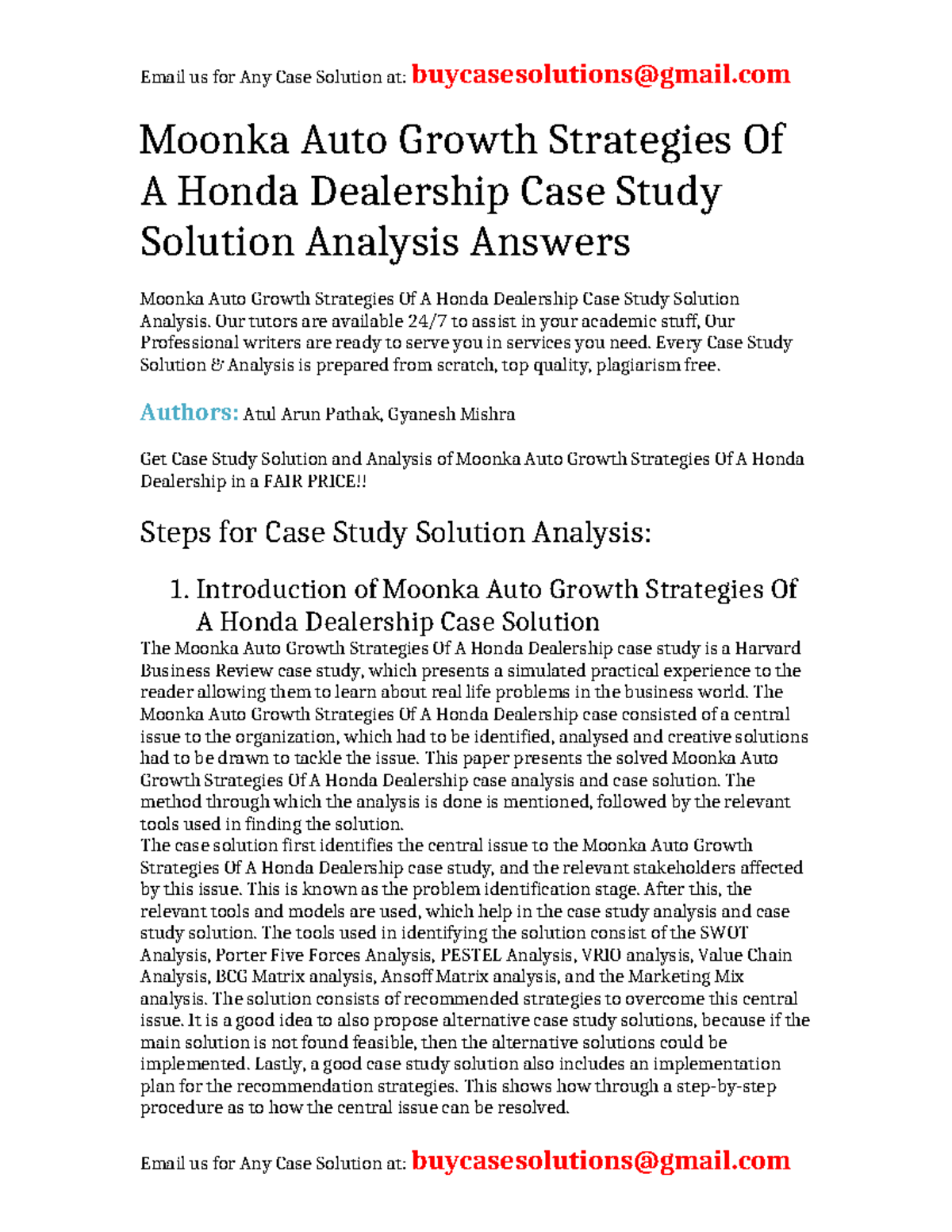 Case Solution Moonka Auto Growth Strategies Of A Honda Dealership - Moonka Auto Growth ...