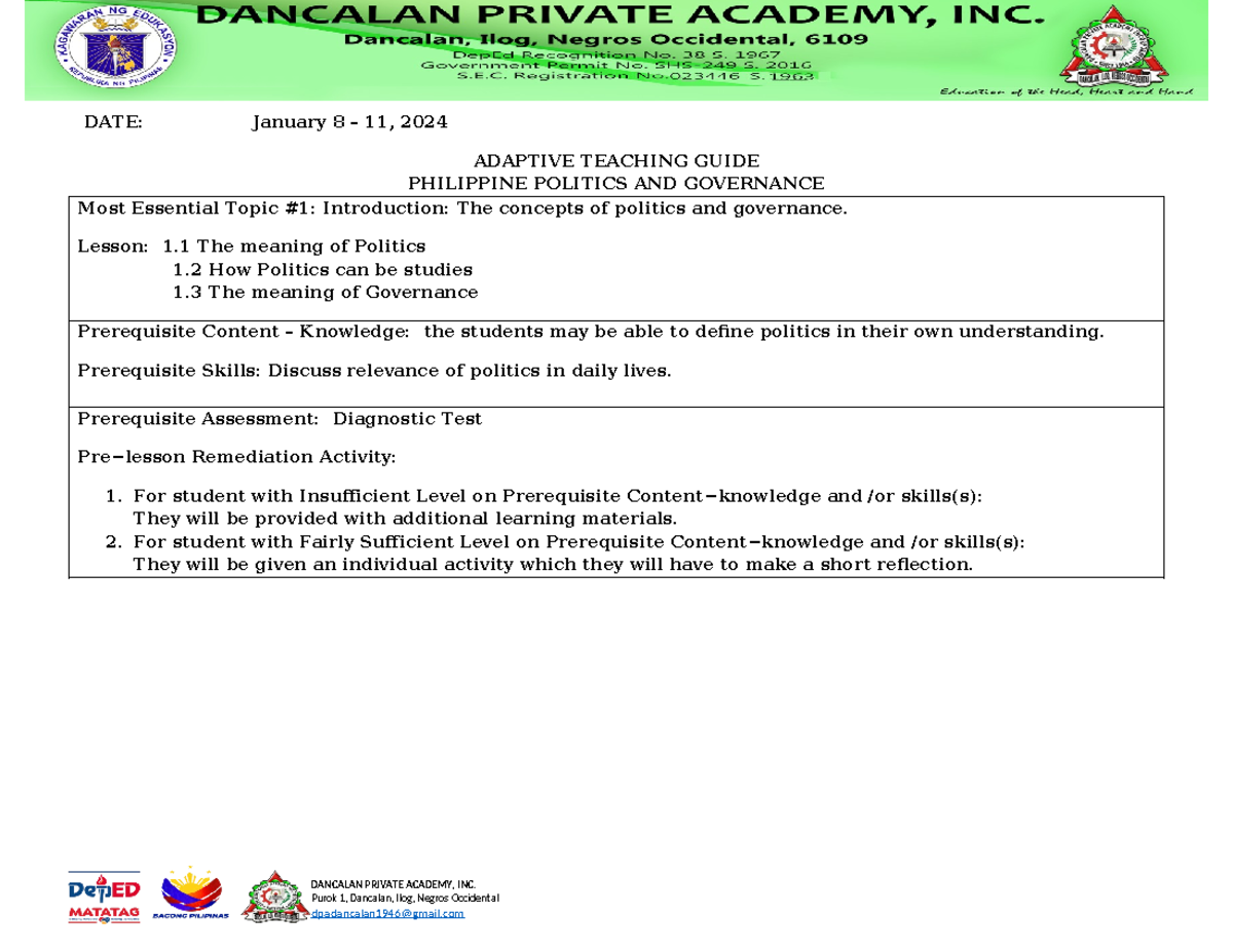 ATG PPG Prelim - Plan for SHS - DATE: January 8 – 11, 2024 ADAPTIVE ...