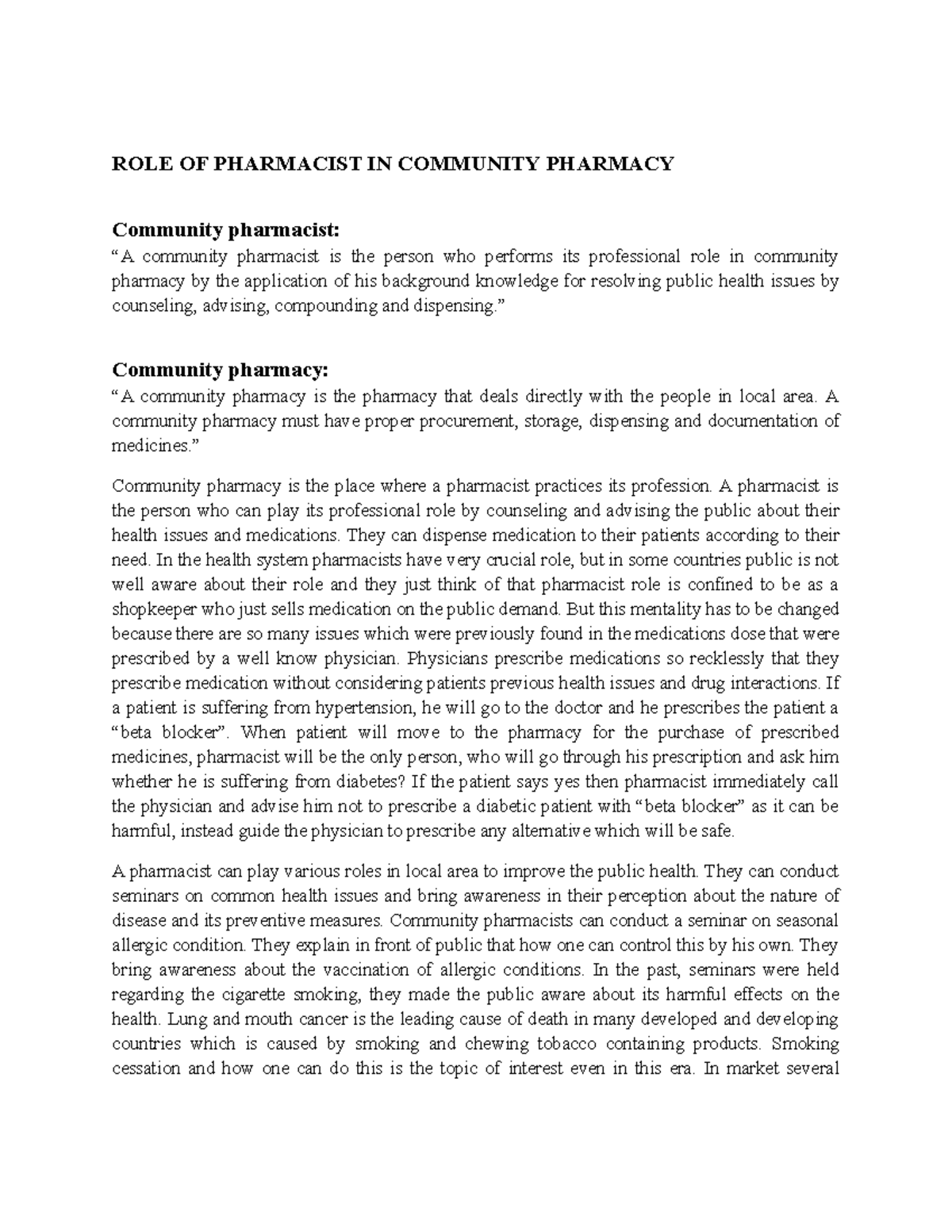 ROLE OF Pharmacist IN Community Pharmacy - ROLE OF PHARMACIST IN ...