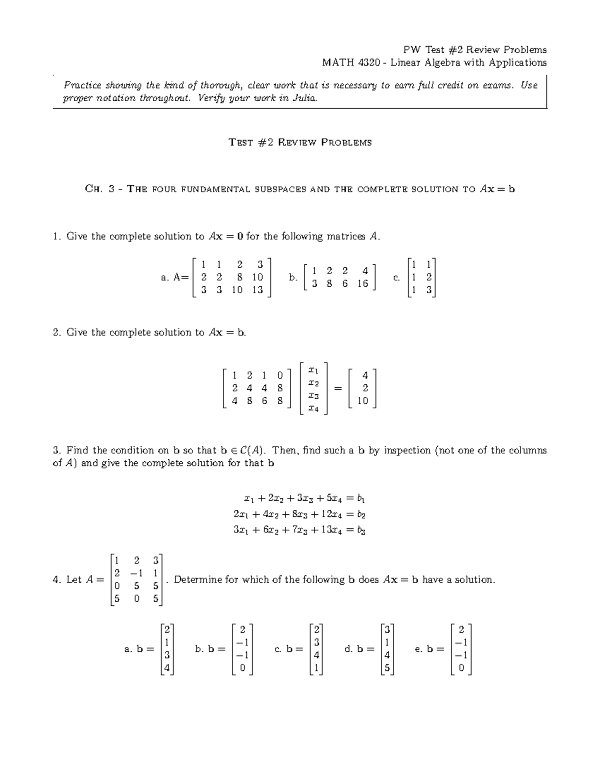 Linear Algebra Fall 2024 for students (11) - PW Test #2 Review Problems ...