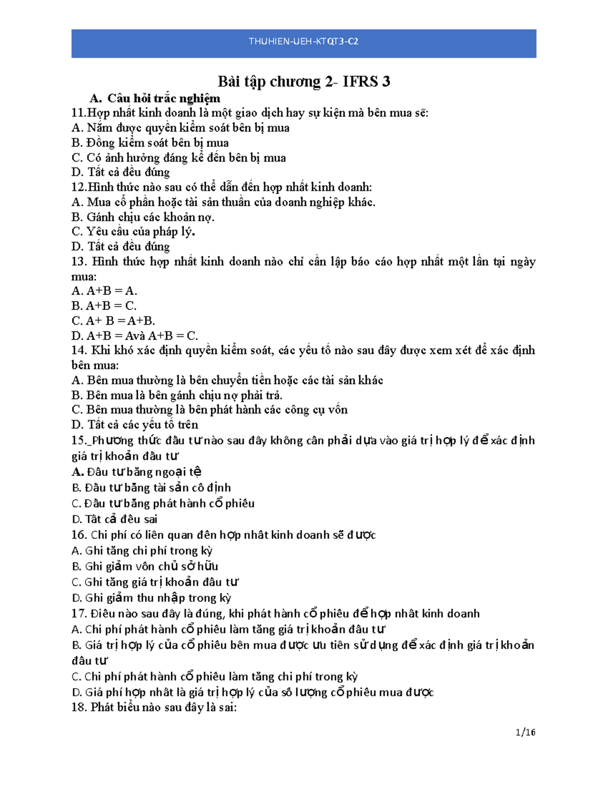 Baitap-C2-HV - chuong 2 - Bài tập chương 2- IFRS 3 A. Câu hỏi trắc ...