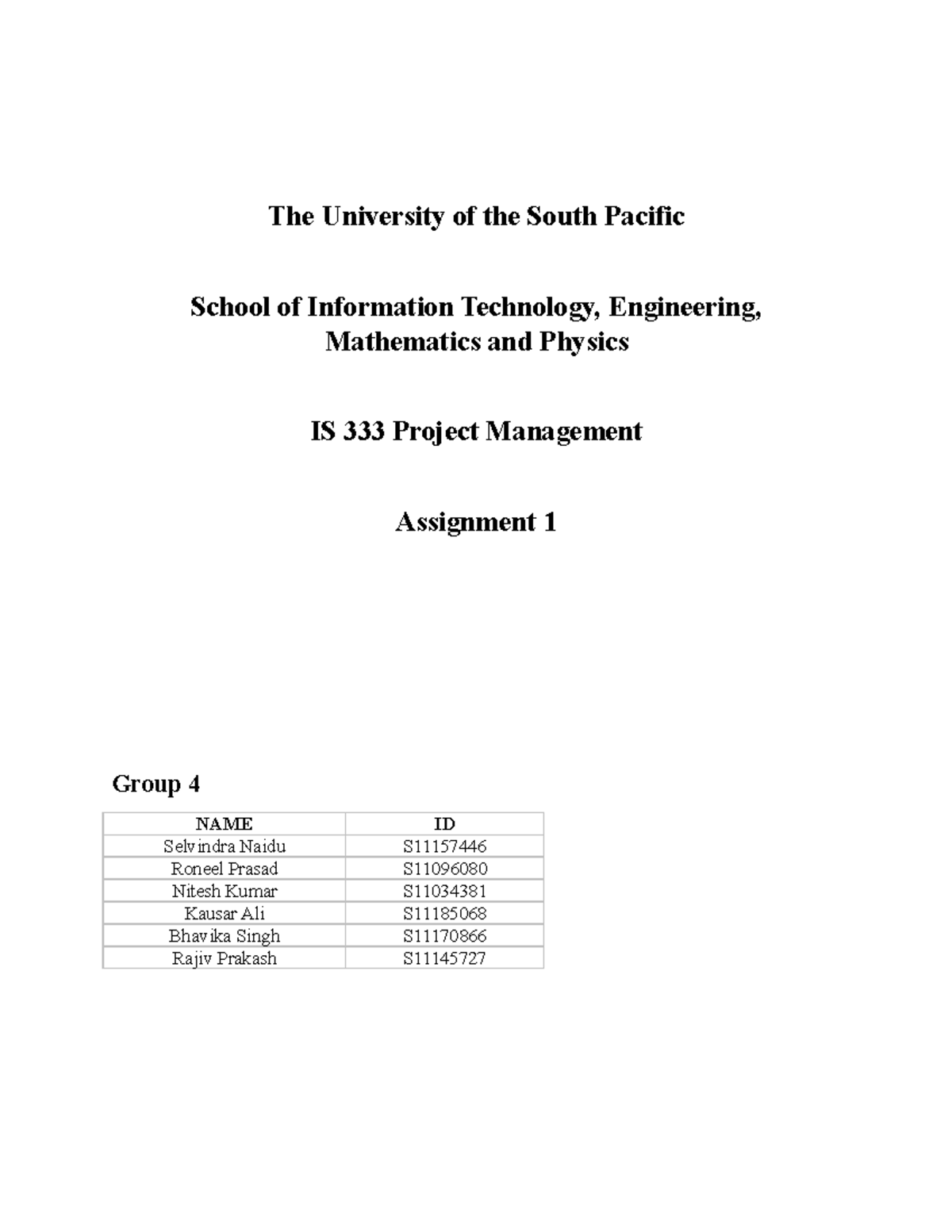 Assignment 1 Group 4 - assignemnt 20 % - The University of the South ...
