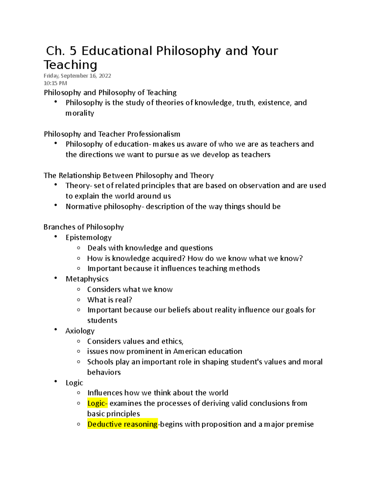 Ed-100 Ch. 5 - Chapter notes 5 - Ch. 5 Educational Philosophy and Your ...