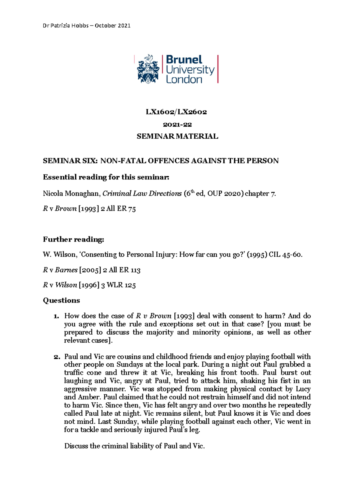 2. LX1602 and 2602 Seminars 6-10 - LX1602/LX 2021- SEMINAR MATERIAL SEMINAR SIX: NON-FATAL ...