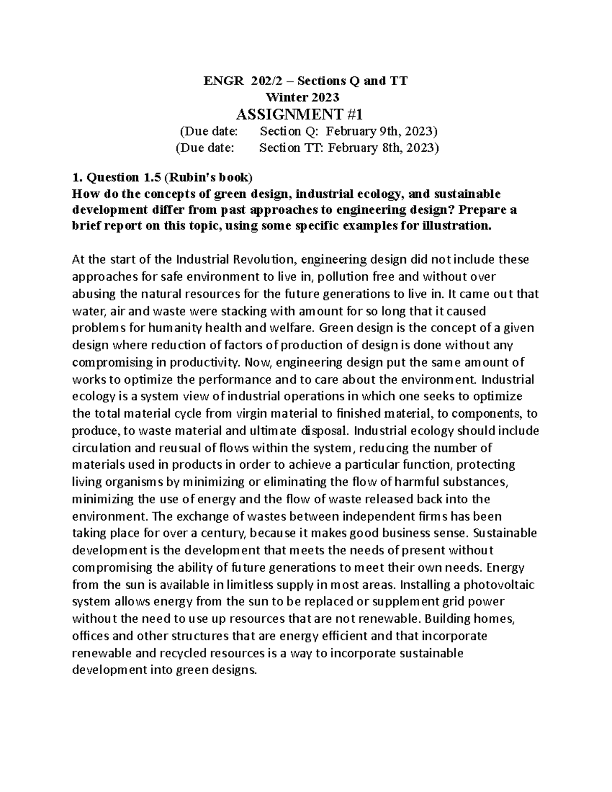 Ass. Number 1 ENGR 202-Fall 2022 - ENGR 202/2 – Sections Q and TT Winter 2023 ASSIGNMENT (Due ...
