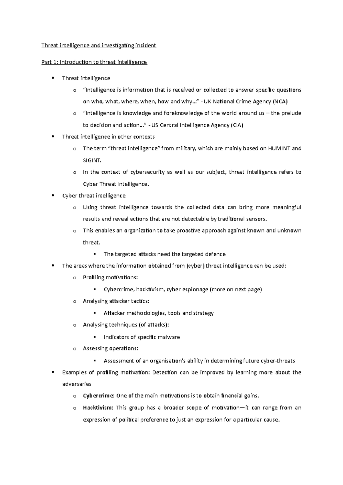 Week 10 - Threat intelligence and investigating incident - Threat ...
