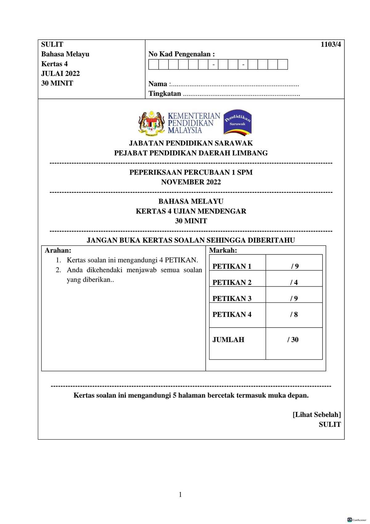 2022 Sarawak Limbang Bahasa Melayu K4 - Bahasa Melayu/ Malay Language ...