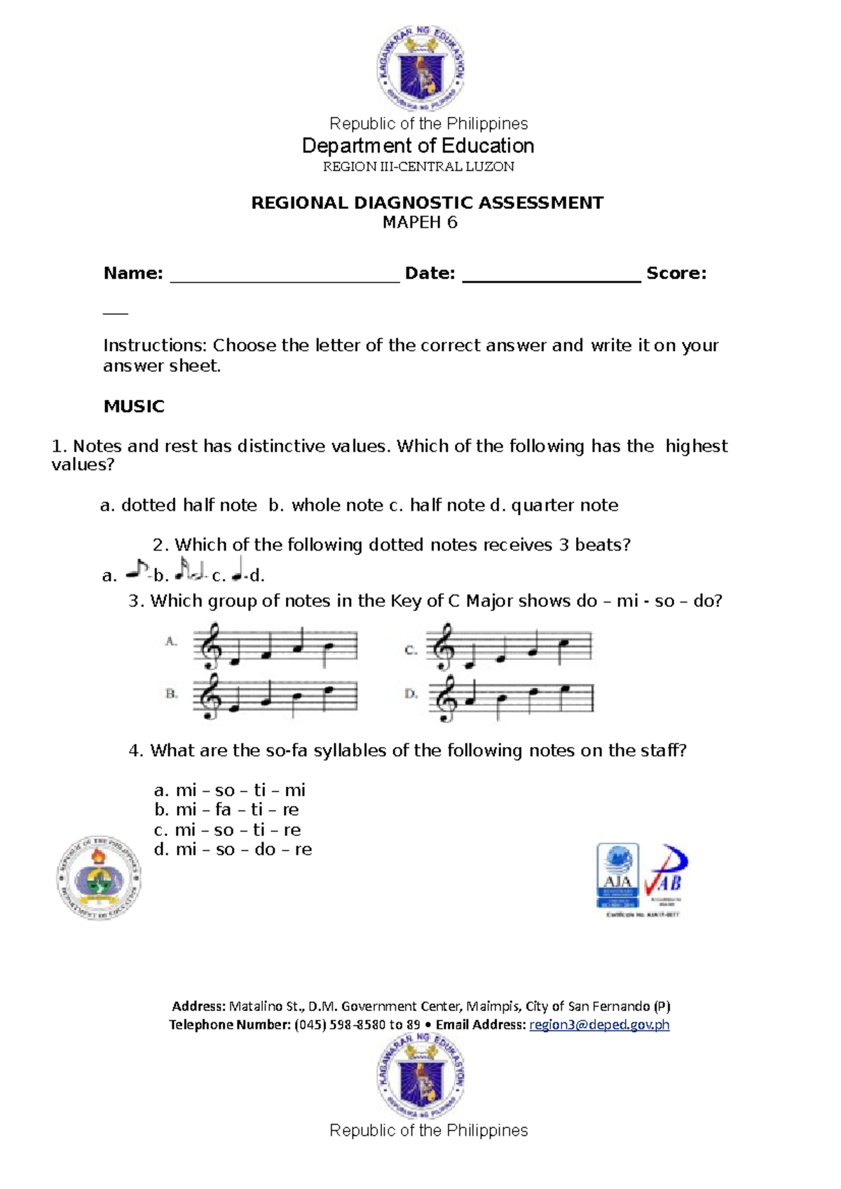 Grade 6 Mapeh Assessment Tool Final - Republic of the Philippines ...