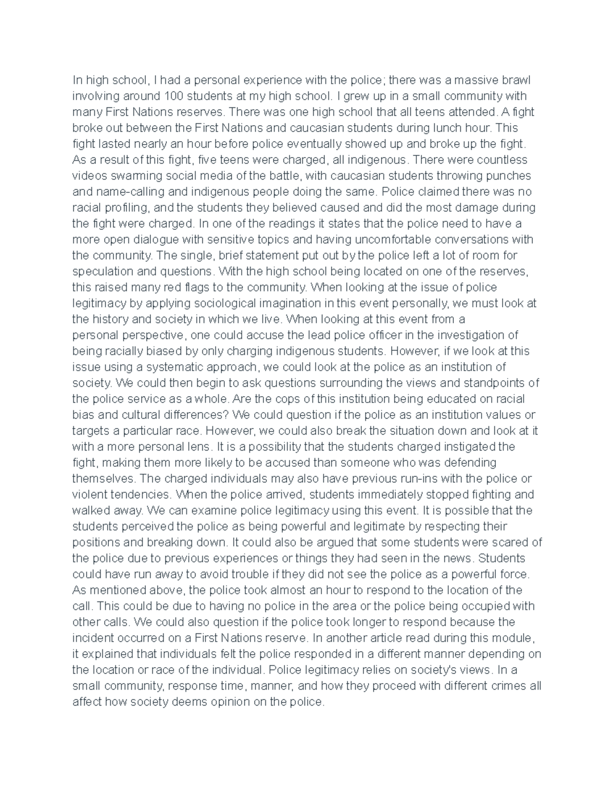 Police and society reflection module 1 - In high school, I had a ...