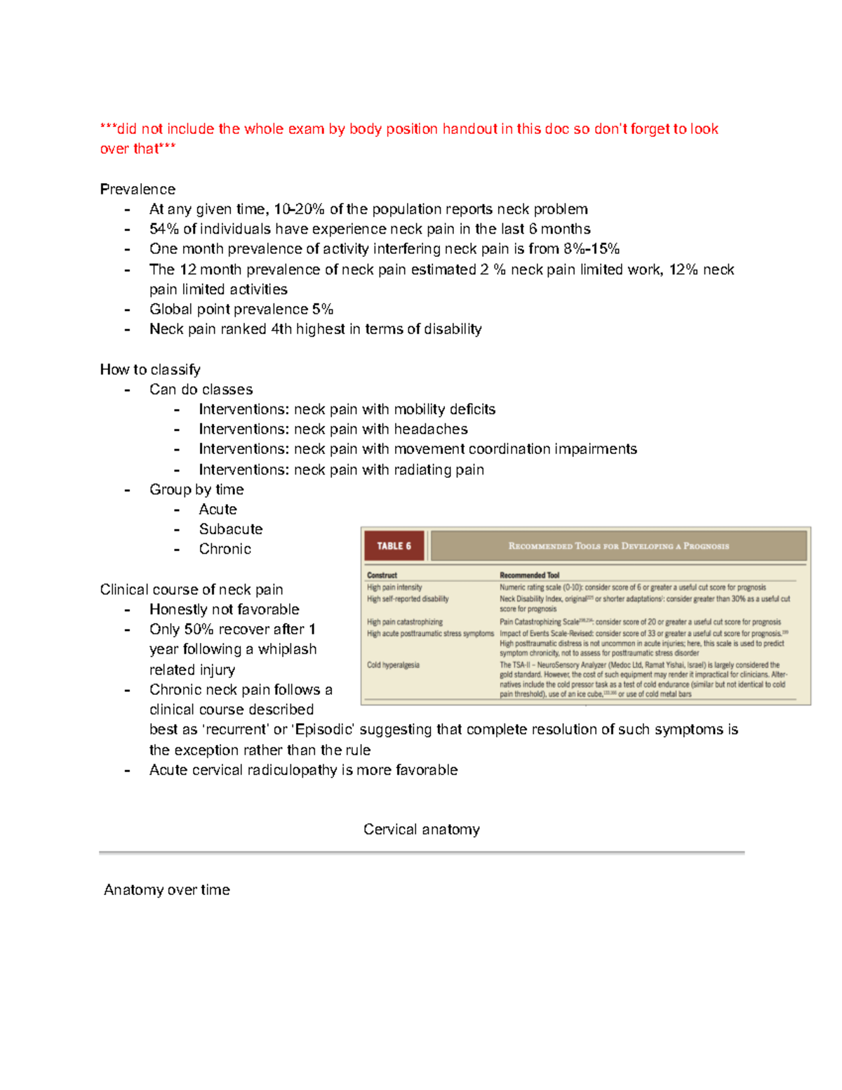 Neck Pain: Prevalence Classification and Pathology - Studocu