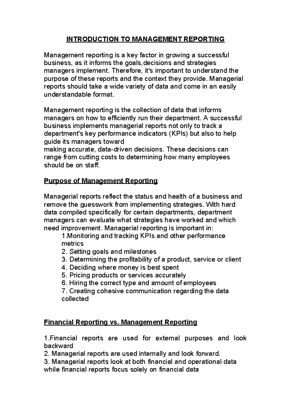 Lesson 1 Introduction to Managment Reporting - INTRODUCTION TO ...