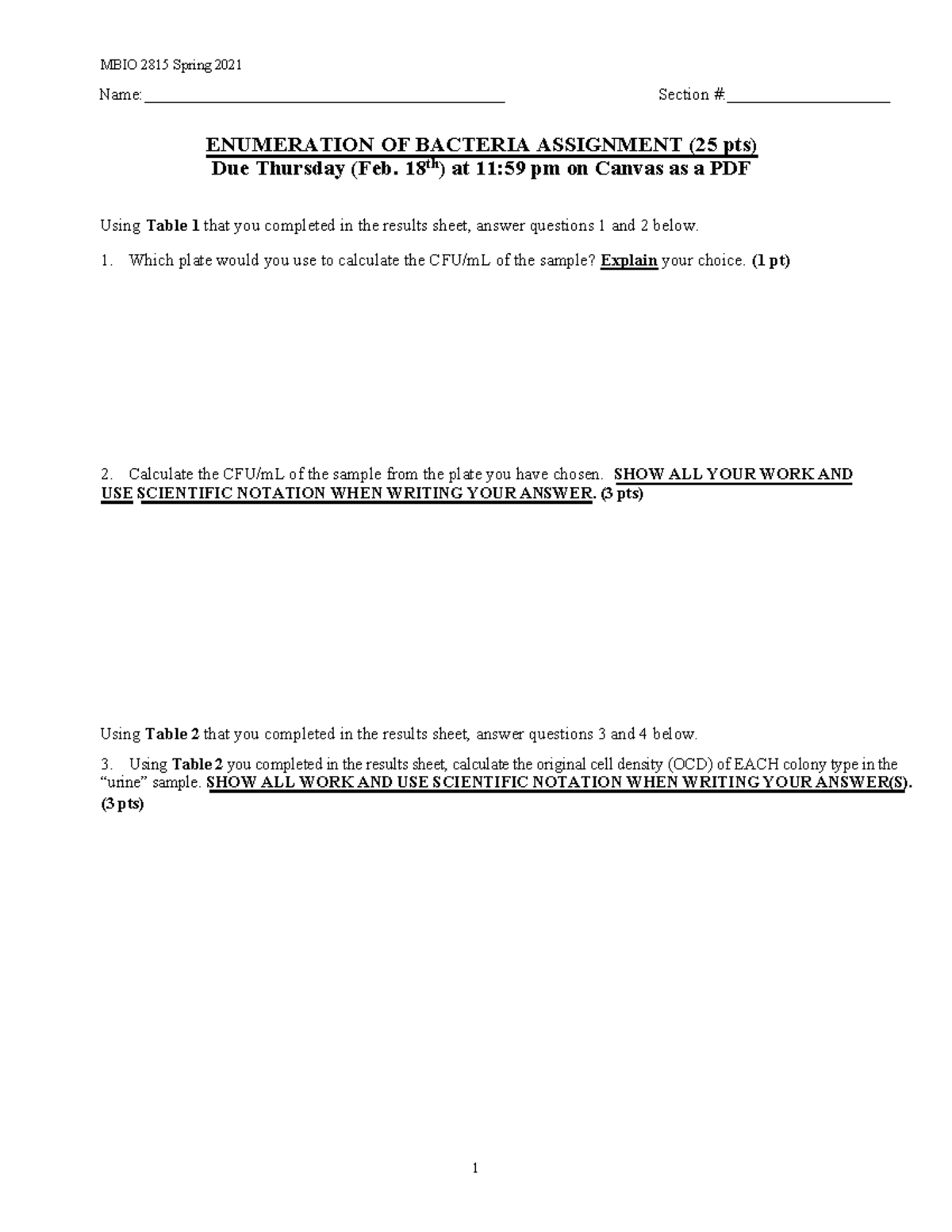 Enumerationof Bacteria 2815 - ENUMERATION OF BACTERIA ASSIGNMENT (25 pts) Due Thursday (Feb. 18 ...