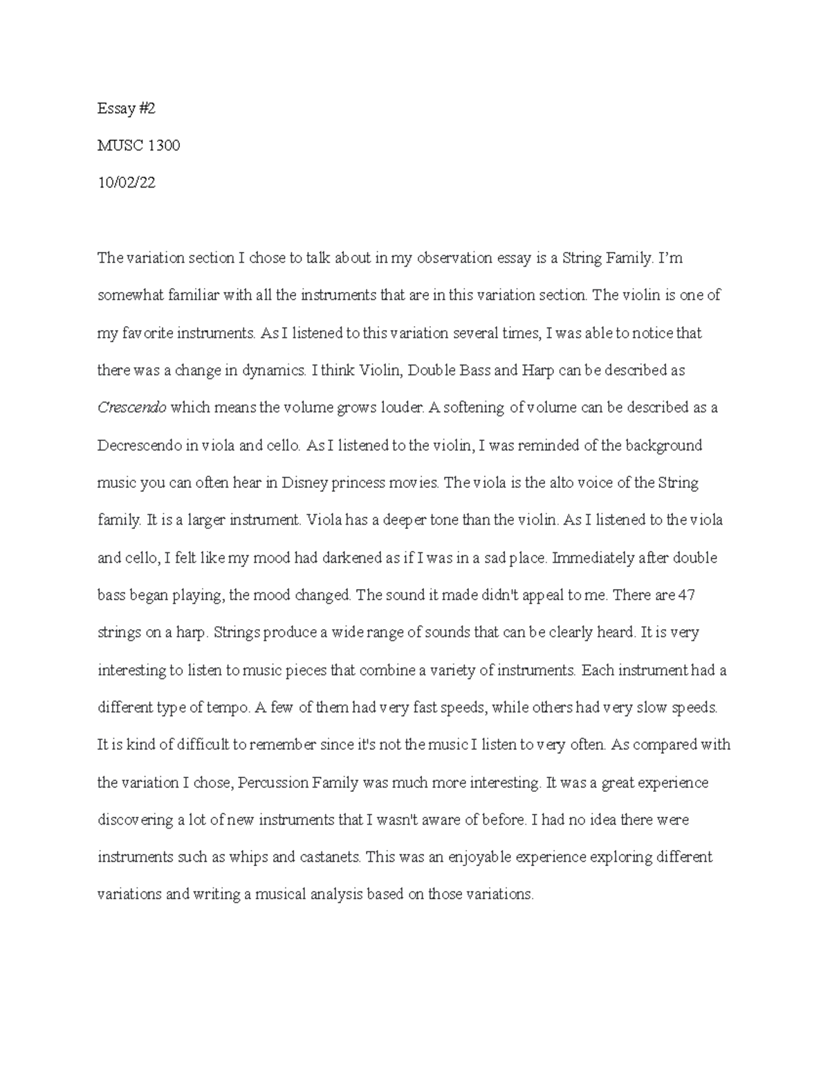Short Essay Example - Essay # MUSC 1300 10/02/ The variation section I ...