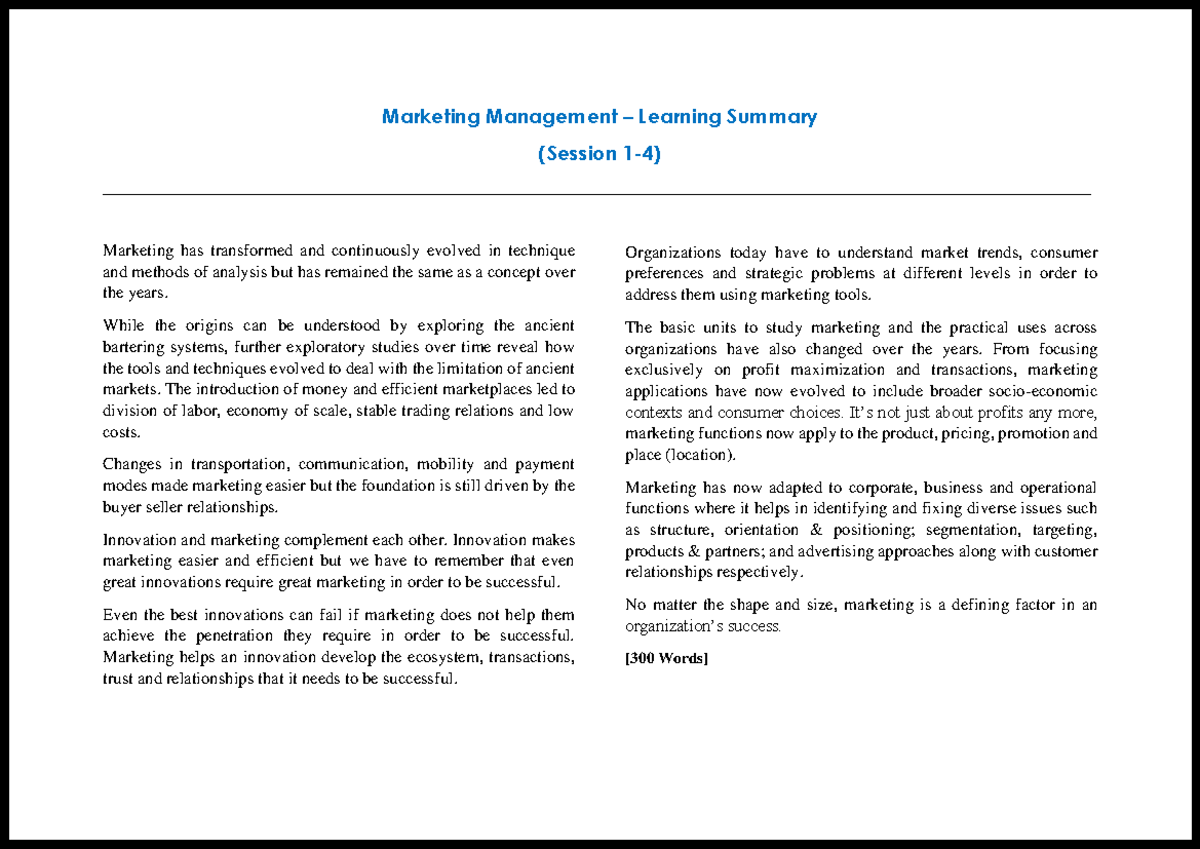 Learning Summary 1 Marketing Management Learning Summary Session 1 learning-summary-1-marketing-management-learning-summary-session-1
