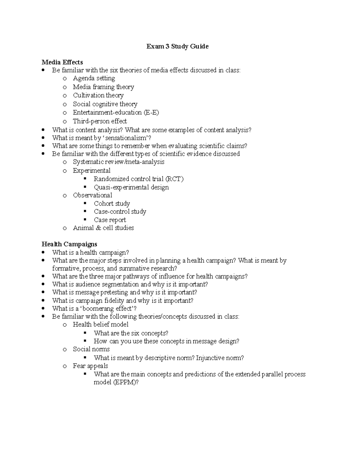 Exam 3 Study Guide - Exam 3 Study Guide Media Effects Be familiar with ...