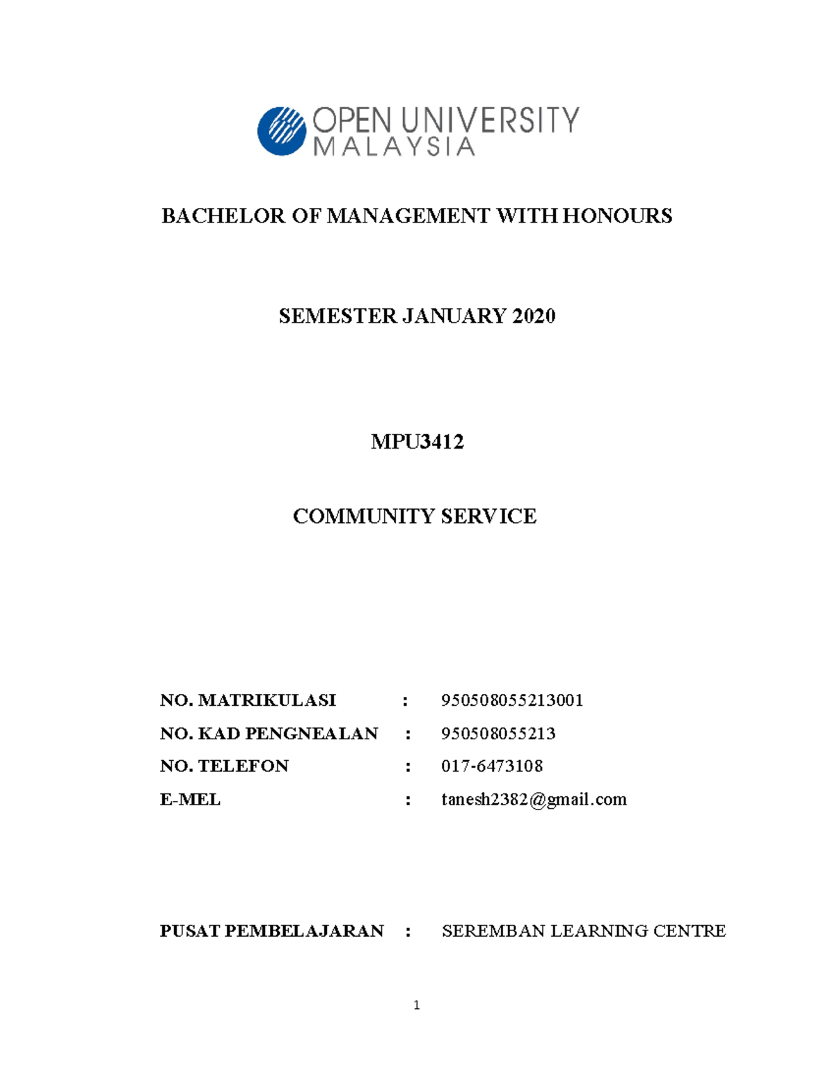 MPU 3412 Community Service - BACHELOR OF MANAGEMENT WITH HONOURS ...