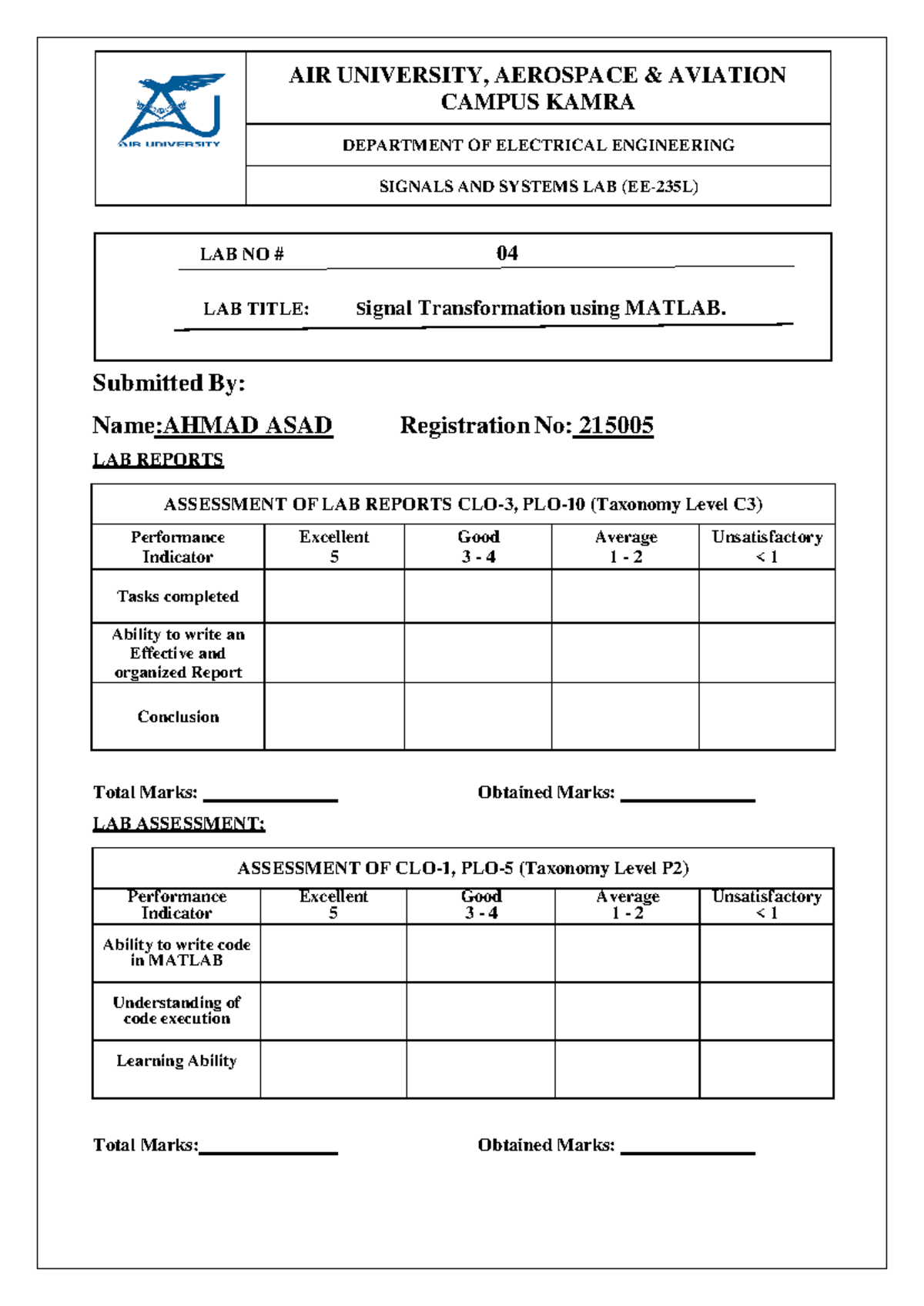 Ahmad Asad - Lab 4s - signal and system lab 4 questions - LAB NO # 04 ...