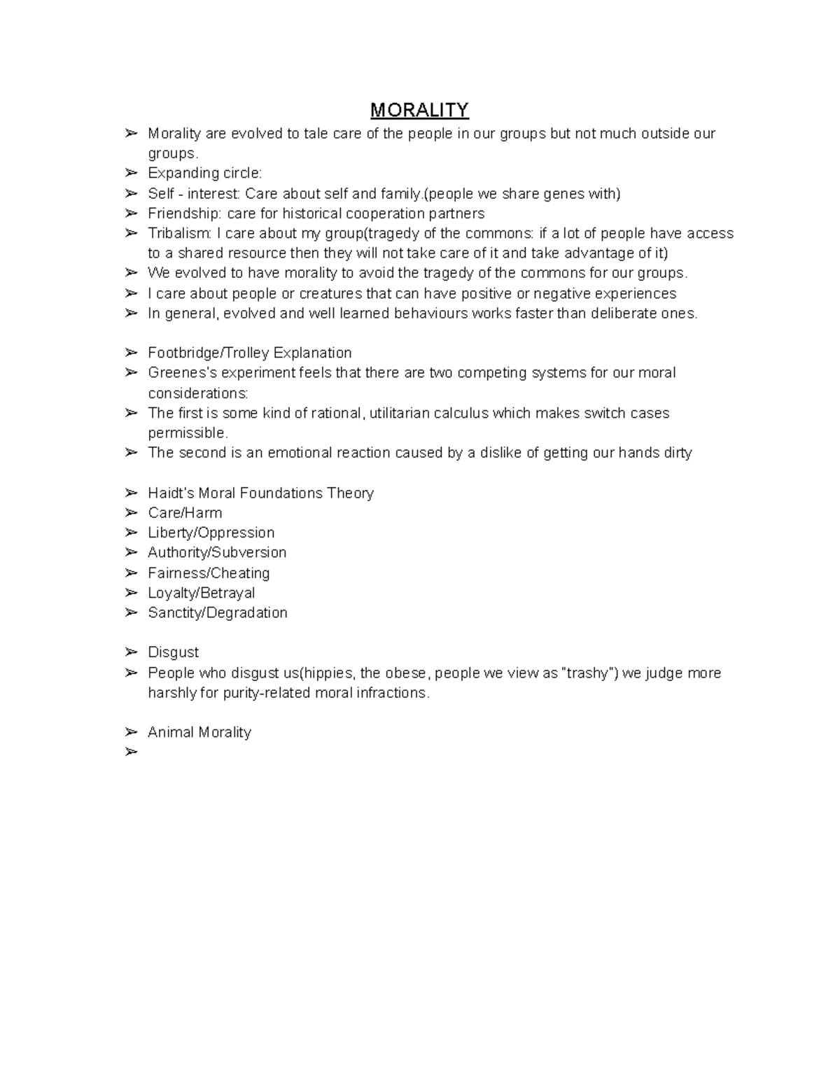 CGSC Lecture 10 - Readings - MORALITY Morality are evolved to tale care ...