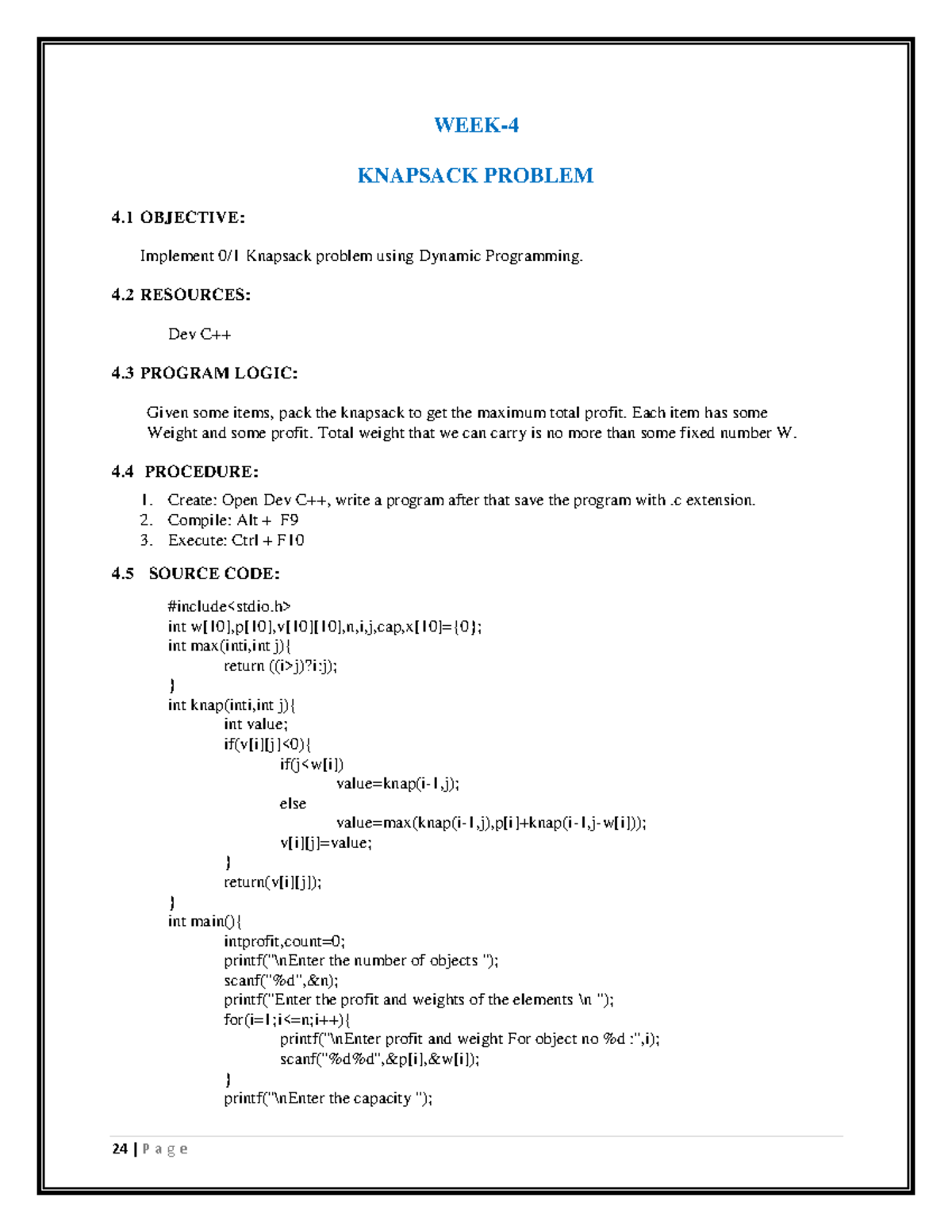 warshall's algorithm easy - 24 | P a g e WEEK- KNAPSACK PROBLEM 4 OBJECTIVE: Implement 0/1 ...