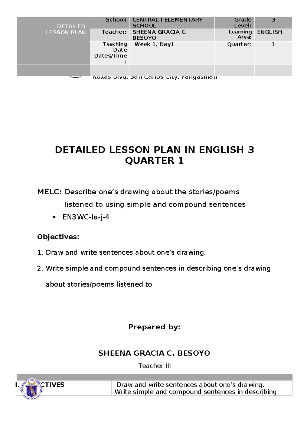 DLP English-3 Quarter-1 WK1 D1 - Republic of the Philippines DEPARTMENT ...