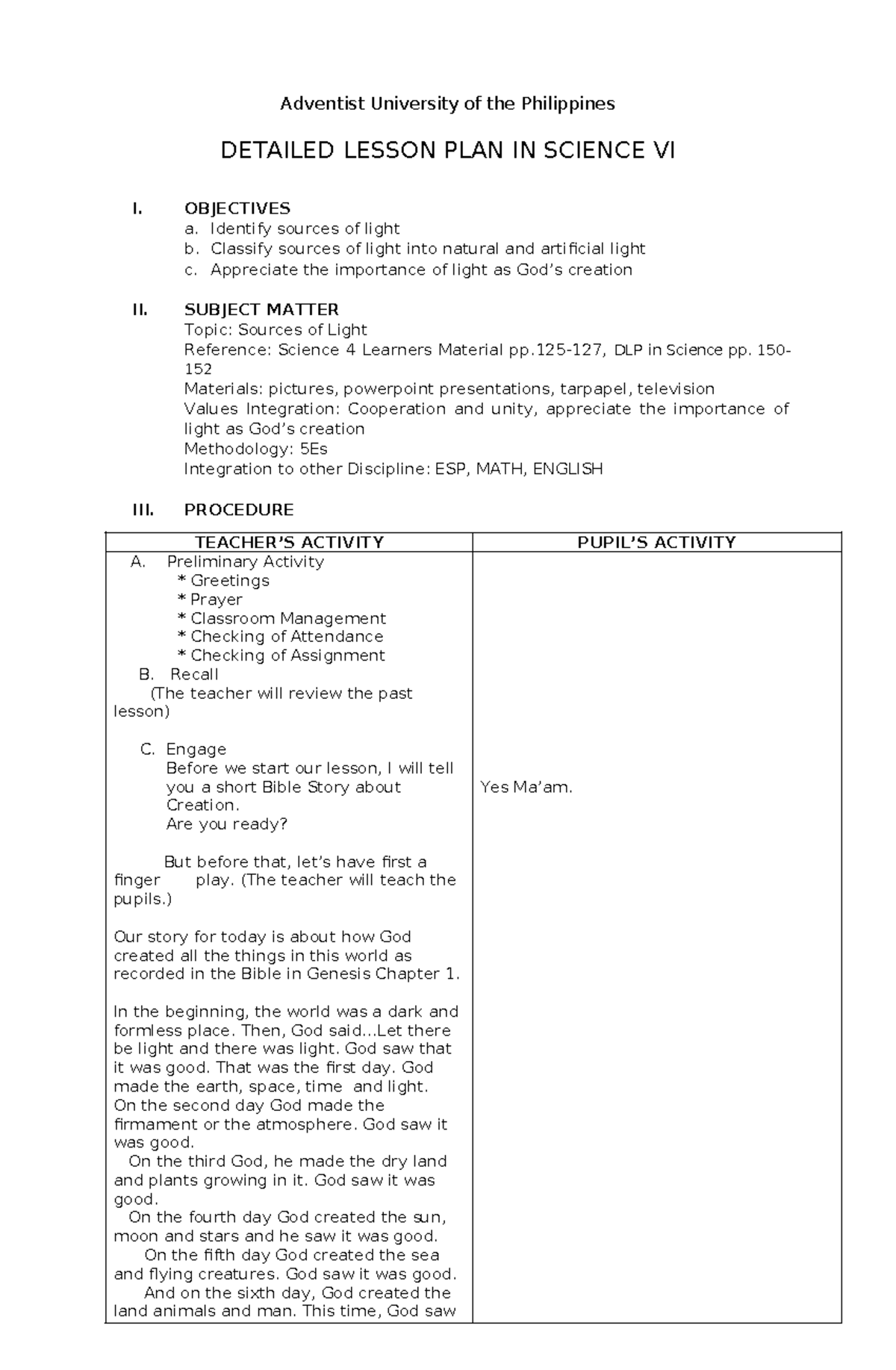 Lesson Plan (Sources of Light) - Adventist University of the ...