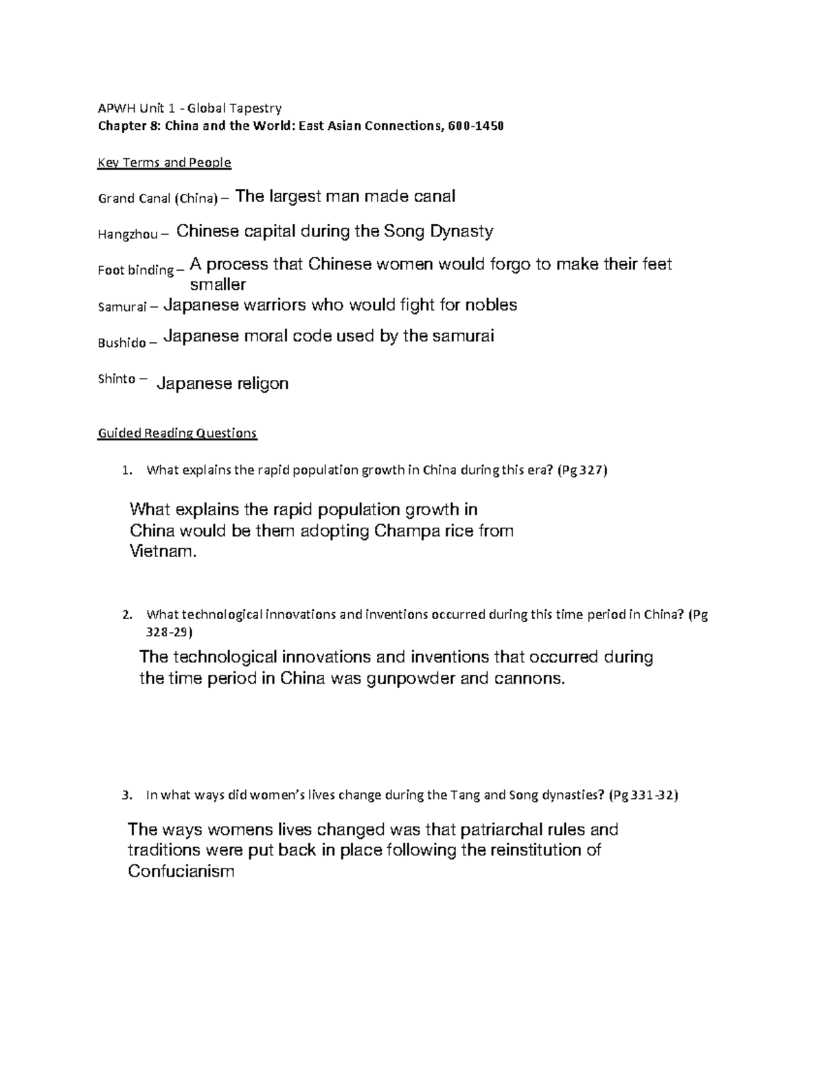 APWH Unit 1 Ch 8 - Study guide for chapter 8 - APWH Unit 1 - Global ...