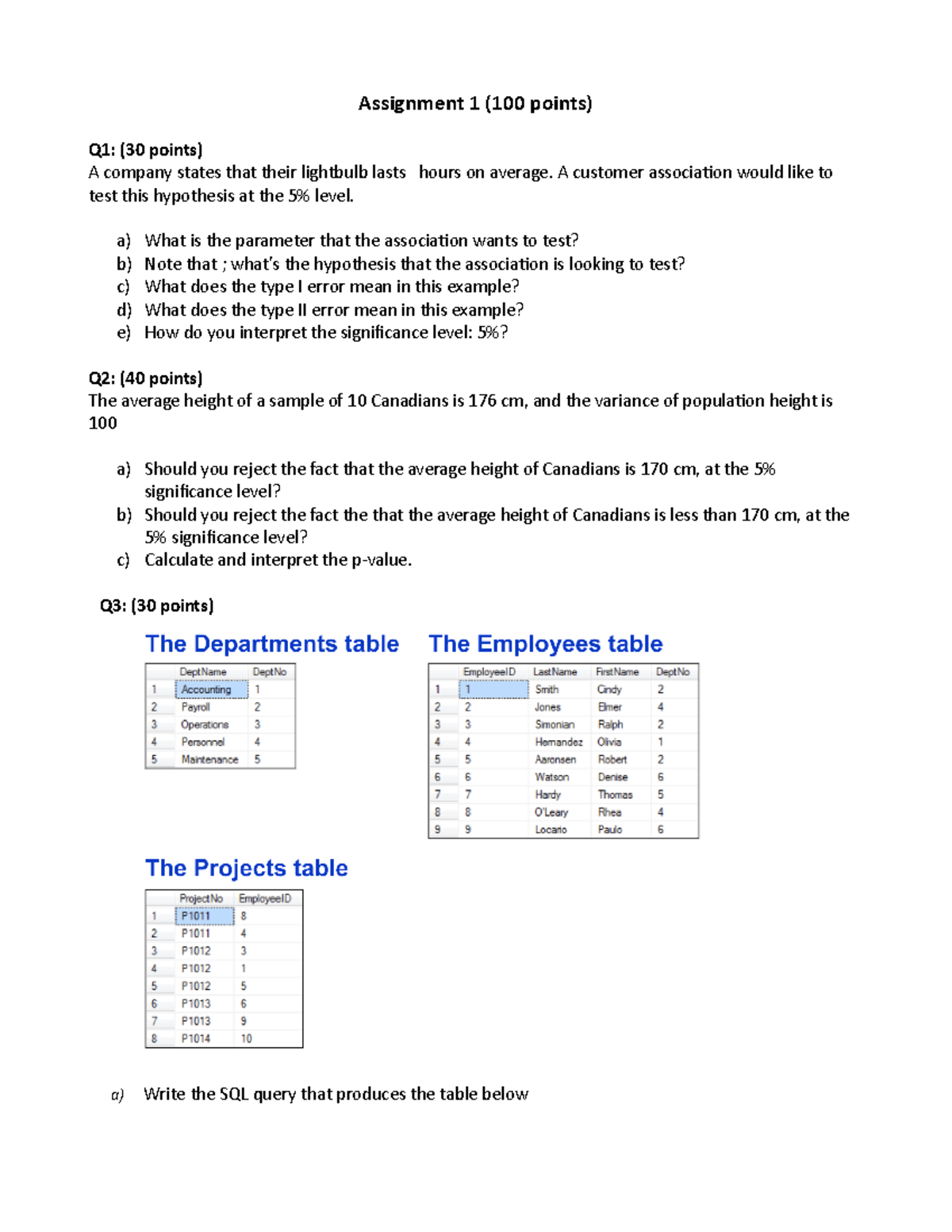Assignment 1-BUSI 650 - Assignment 1 (100 points) Q1: (30 points) A ...