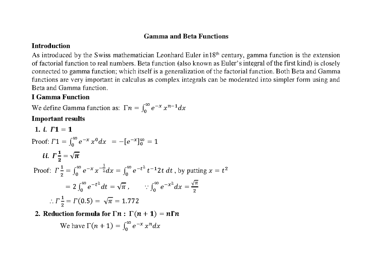 Beta Gamma Functions Converted Gamma And Beta Functions Introduction As Introduced By The