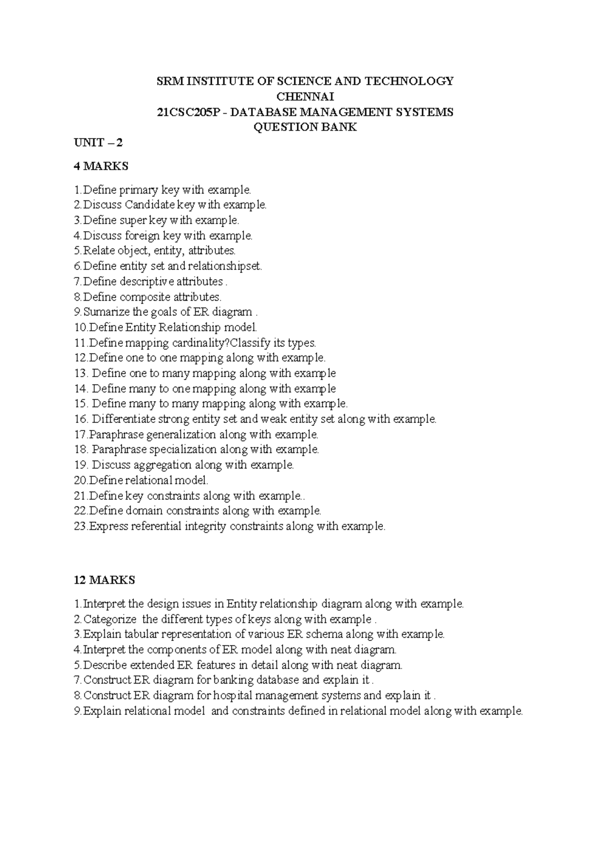 DBMS UNIT 2 QB - SRM INSTITUTE OF SCIENCE AND TECHNOLOGY CHENNAI 21CSC205P - DATABASE MANAGEMENT ...