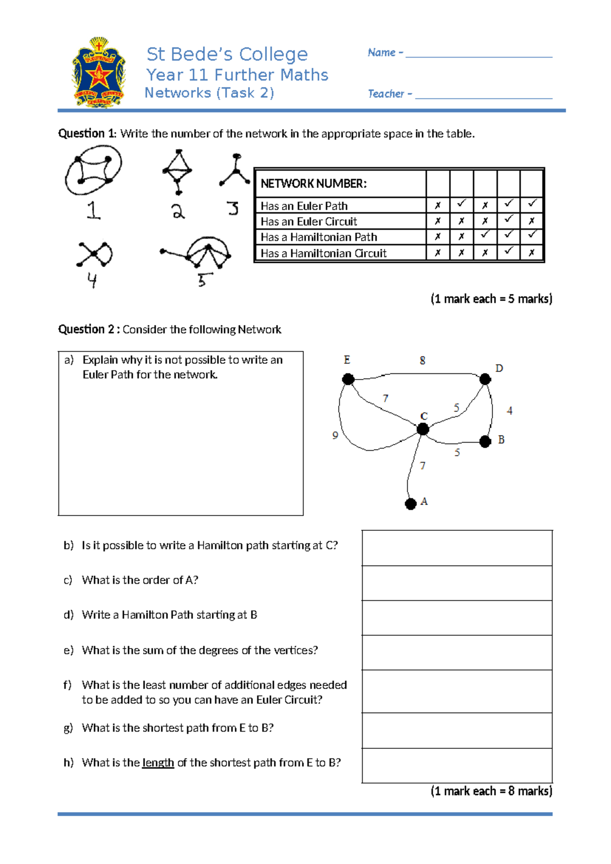 11FM Networks HW Task 2 - Maths - St Bede’s College Year 11 Further ...